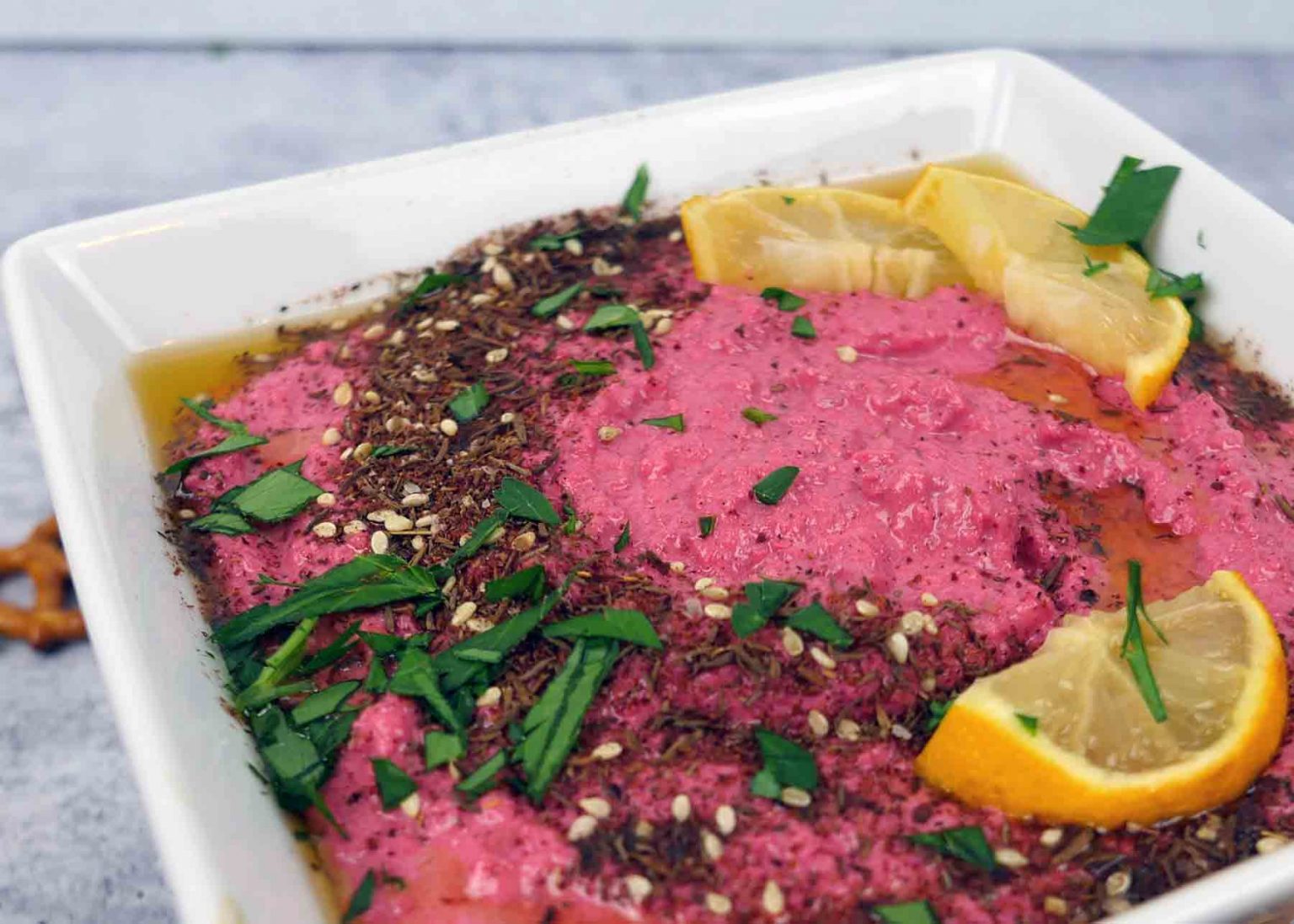 Roasted Beet Lemon Hummus - Roaring Spork